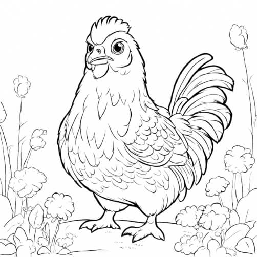 Download Whimsical Chicken in a Floral Landscape Coloring pages Online ...