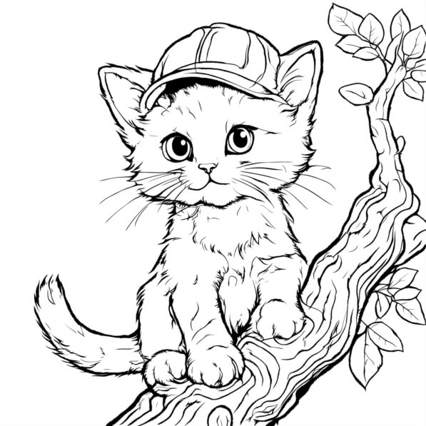Download Cute Cartoon Cat on a Tree Branch Coloring pages Online ...