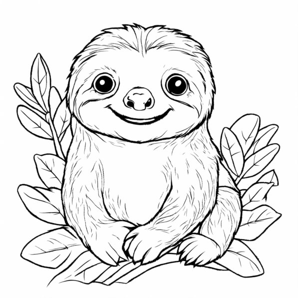 Download Cute Cartoon Sloth Sitting Among Leaves Coloring pages Online ...