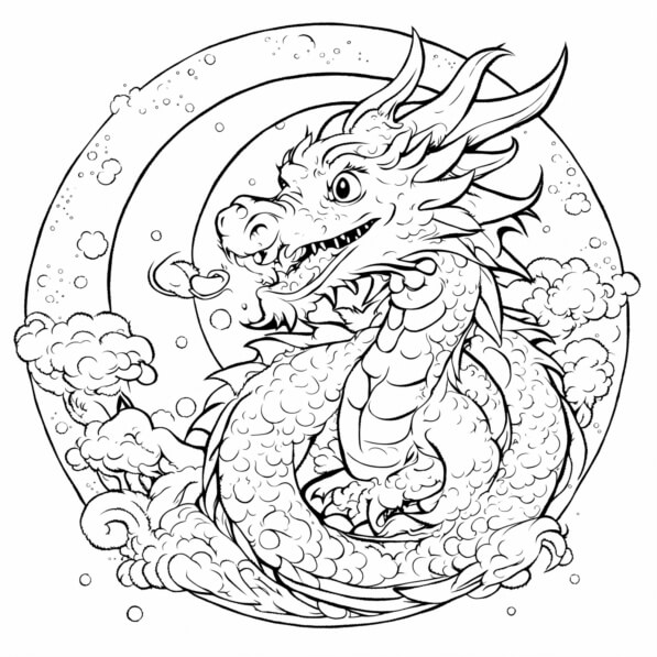 Download Dragon Line Drawing Surrounded by Clouds and Waves Coloring ...