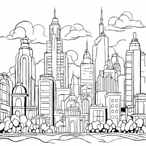 Download Detailed Line Drawing of a City Skyline Coloring pages Online ...