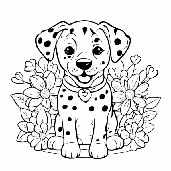 Download Adorable Dalmatian Puppy Sitting Among Flowers Coloring pages ...