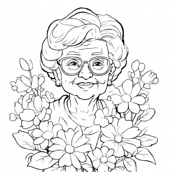 Download Elderly Woman Surrounded by Flowers Coloring pages Online ...