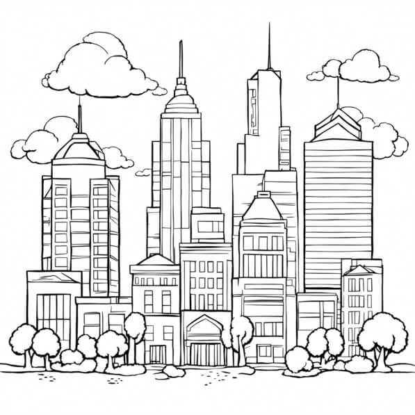 Download Stylized City Skyline with Skyscrapers and Clouds Coloring ...