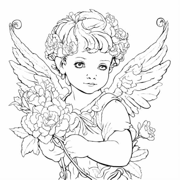 Download Cherubic Angel Holding Flowers Coloring pages Online ...