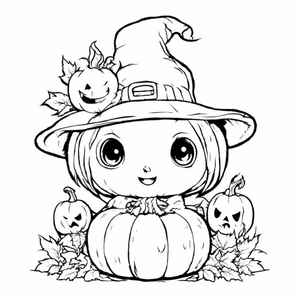 Download Cute Halloween Character Surrounded by Pumpkins Coloring pages ...