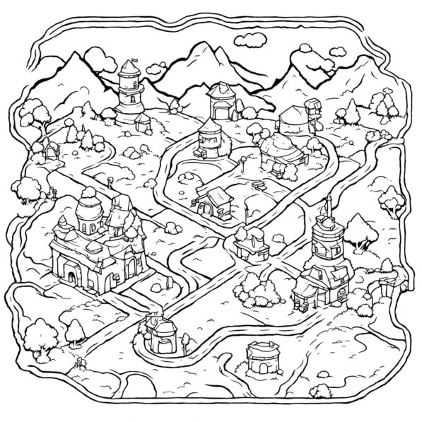 Download Whimsical Fantasy Map with Towers and Houses Coloring pages ...