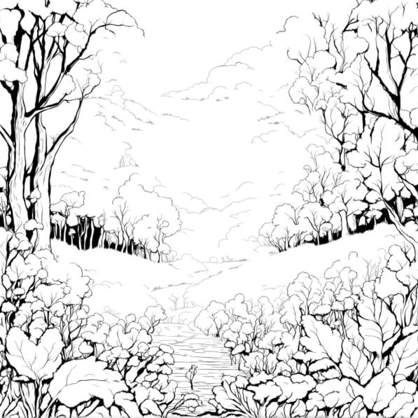 Download Detailed Line Drawing of a Serene Forest Landscape Coloring ...
