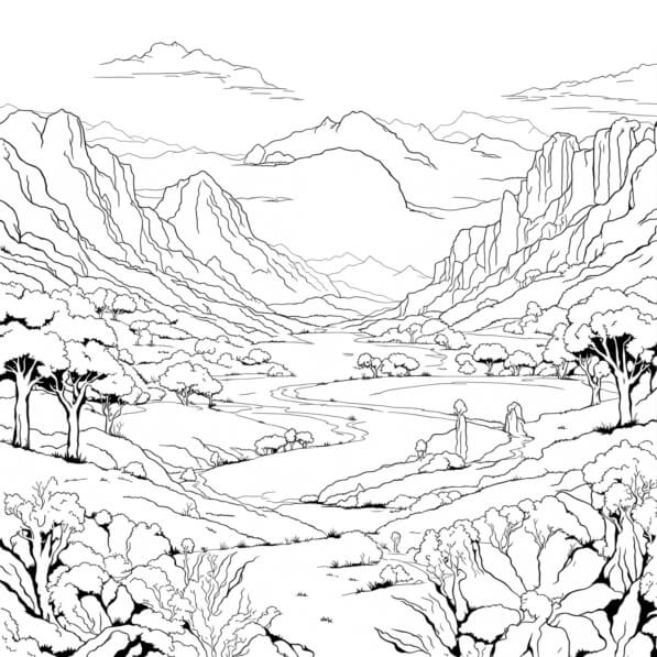 Download Beautiful Line Art Landscape with Mountains and River Coloring ...