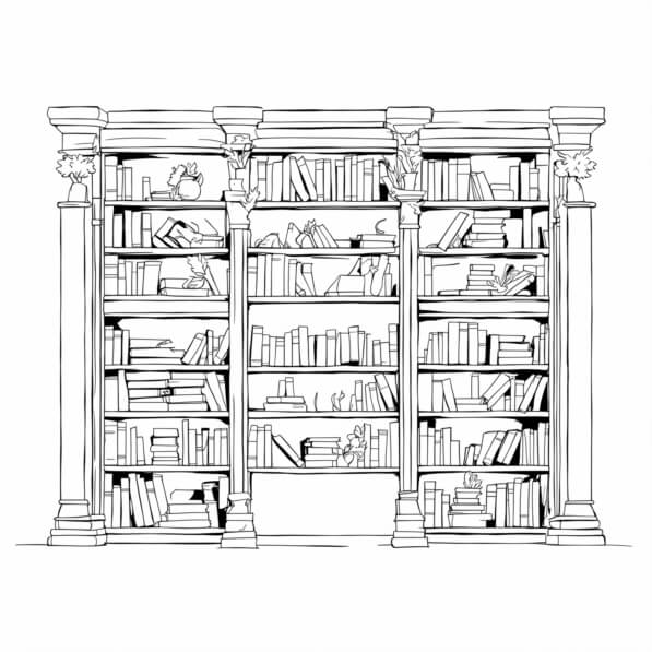 Download Line Drawing of an Ornate Bookshelf Coloring pages Online ...