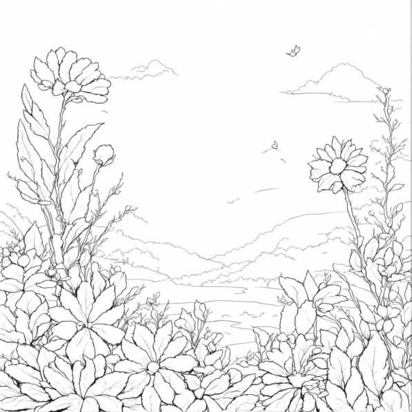 Download Line Art of Flowers and Scenic Landscape Coloring pages Online ...