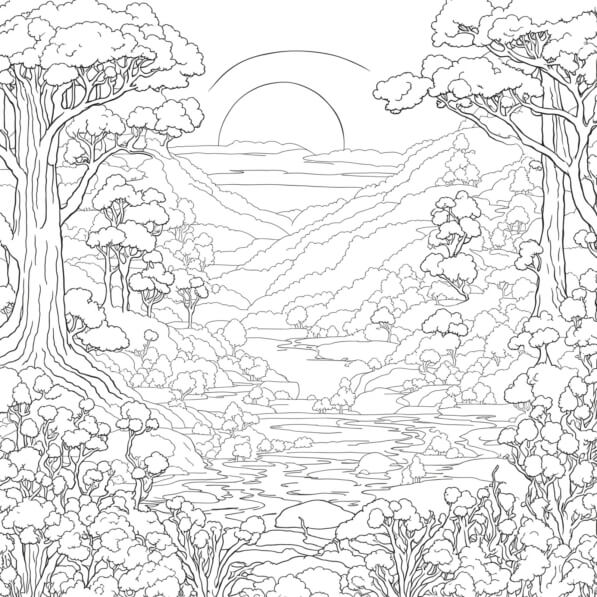 Download Serene Line Art Landscape Illustration Coloring pages Online ...