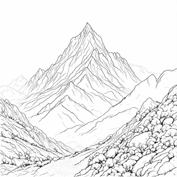 Download Line Art of a Majestic Mountain Range Coloring pages Online ...