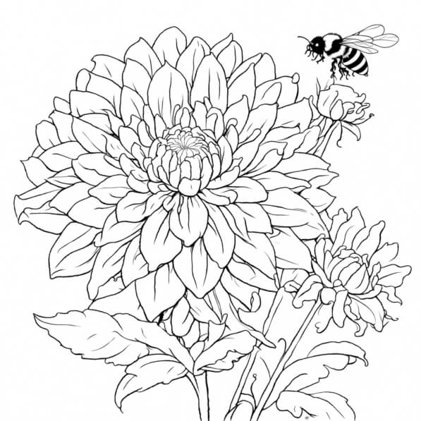 Download Line Drawing of a Dahlia Flower with a Bee Coloring pages ...