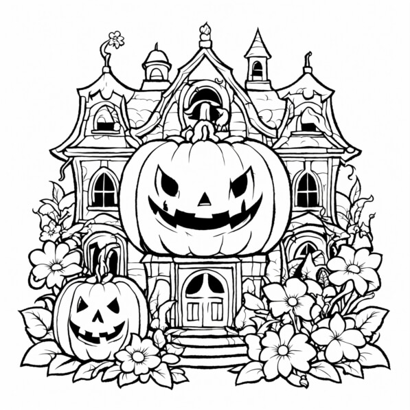 Download Halloween Haunted House with Playful Pumpkins Coloring pages ...
