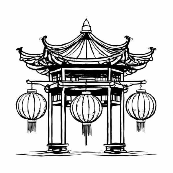 Download Traditional Asian Pagoda with Lanterns Coloring pages Online ...