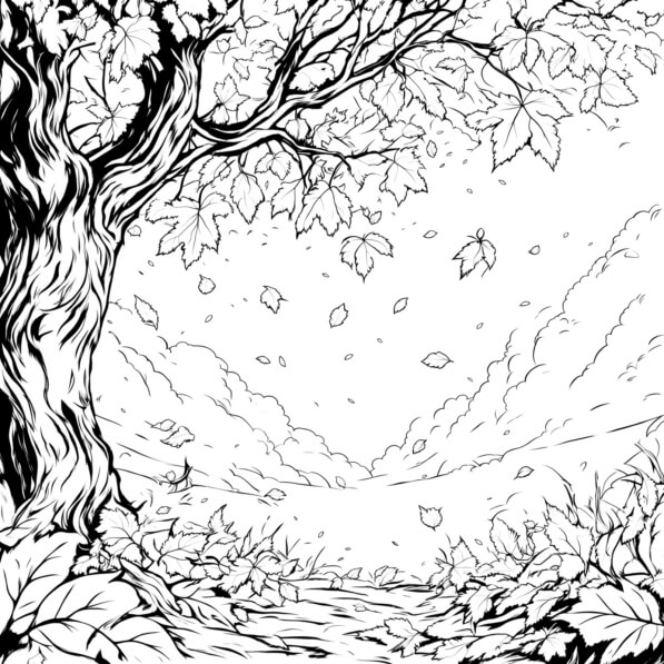 Download Line Art Tree Illustration with Falling Leaves Coloring pages ...