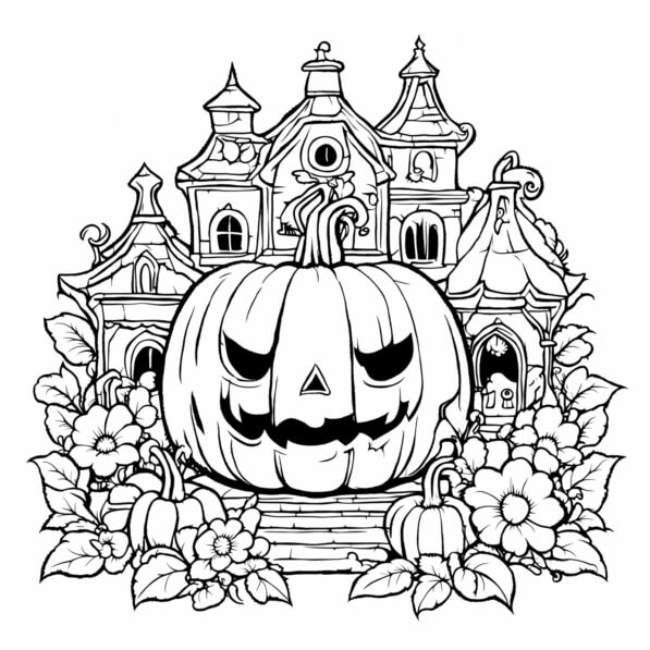 Download Halloween Pumpkin and Haunted House Illustration Coloring ...