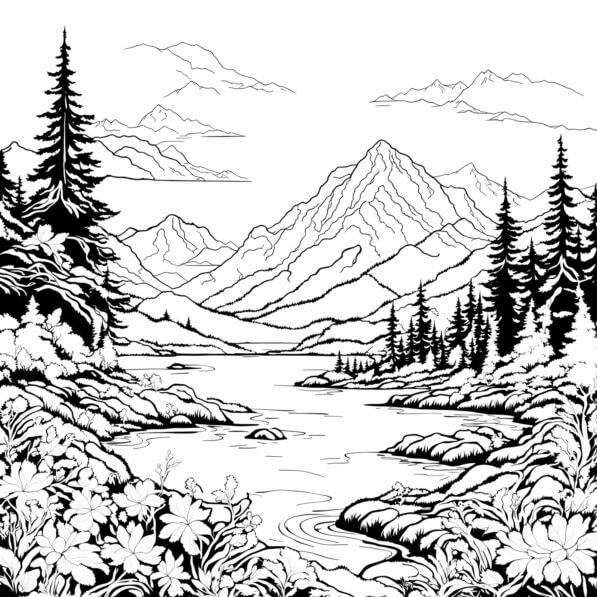 Download Line Art Nature Landscape with Mountains and River Coloring ...