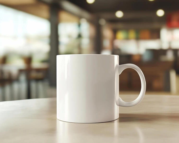 Download Plain White Coffee Mug on a Wooden Table in a Café Mockups ...