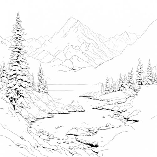 Download Serene Mountain Landscape with Snow-Covered Trees Coloring ...