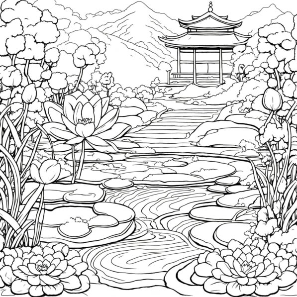 Download Serene Landscape with Lotus Flowers and Pavilion Coloring ...