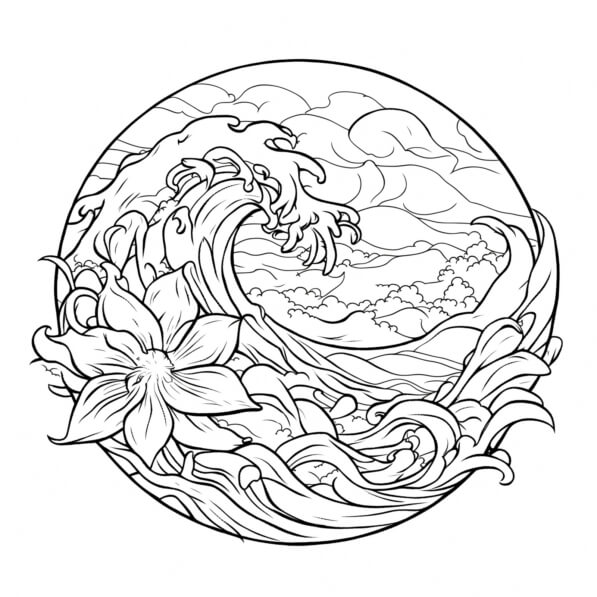 Download Wave and Flower Line Art Coloring pages Online - Creative Fabrica