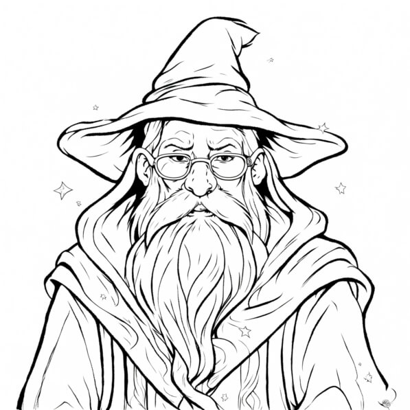 Download Line Drawing of a Wizard Coloring pages Online - Creative Fabrica