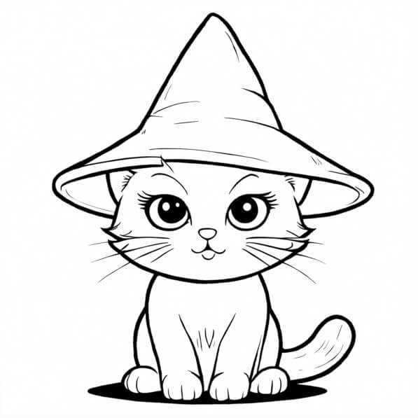 Download Cartoon Cat in Wizard Hat Coloring pages Online - Creative Fabrica