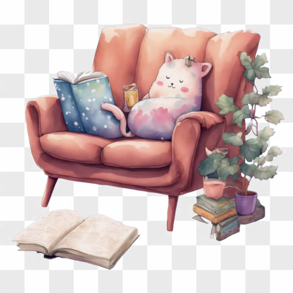 Download Cozy Cat Reading Scene Cartoons Online - Creative Fabrica