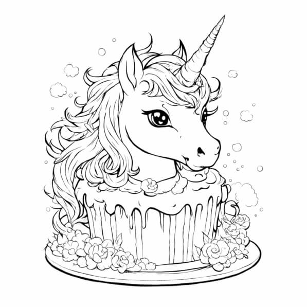 Download Whimsical Unicorn Cake Illustration Coloring Pages Online