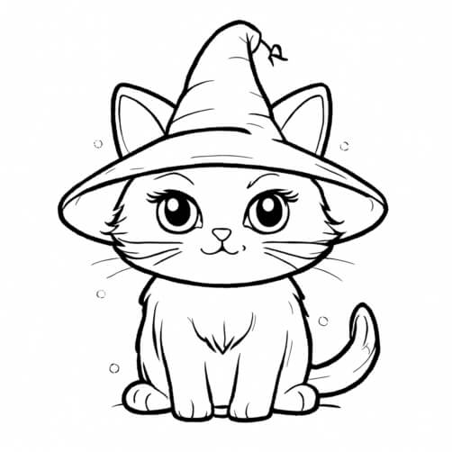 Download Black and White Cat in Witch Hat with Halloween Coloring Pages ...