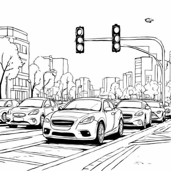 Download Busy City Street with Cars and Traffic Light Coloring pages ...
