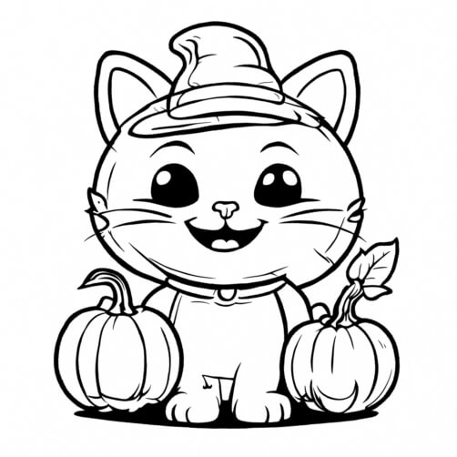 Download Black and White Cat in Witch Hat with Halloween Coloring Pages ...
