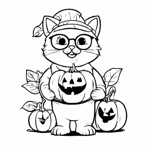 Download Black and White Cat in Witch Hat with Halloween Coloring Pages ...
