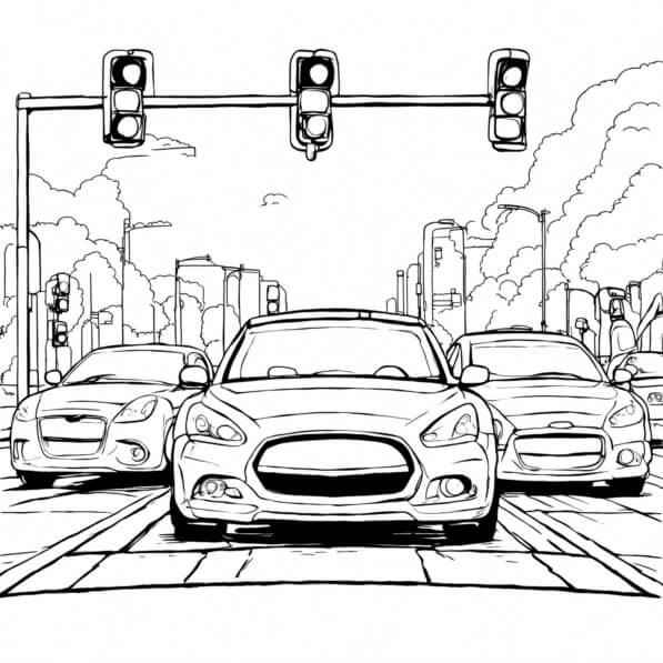 Download Busy Intersection with Cars Waiting at Traffic Light Coloring ...