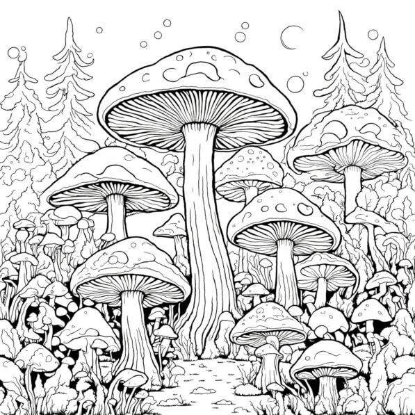 Download Whimsical Mushroom Forest Coloring pages Online - Creative Fabrica