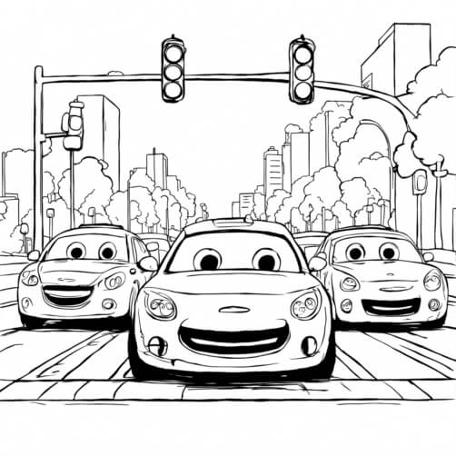 Download Cartoon Cars Waiting at Traffic Light Coloring pages Online ...