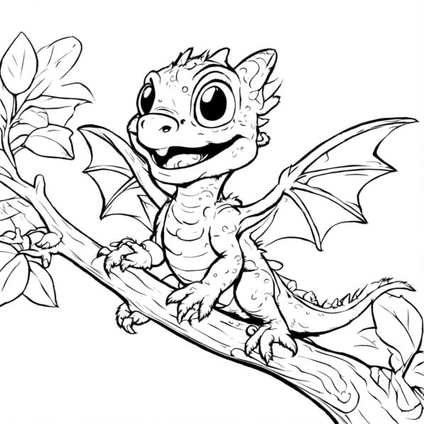 Download Cute Cartoon Dragon on a Branch Coloring pages Online ...