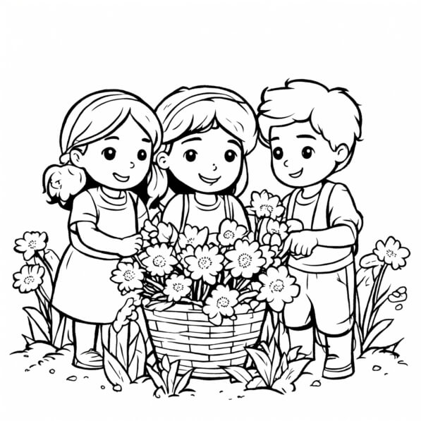 Download Children Gathering Flowers in a Garden Coloring pages Online ...