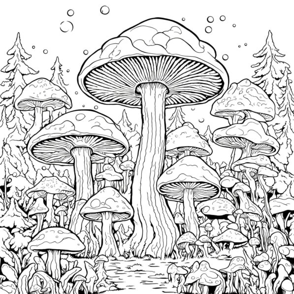 Download Whimsical Mushroom Forest Coloring pages Online - Creative Fabrica