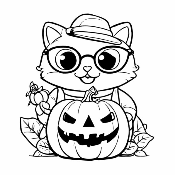Download Cute Halloween Cat with Pumpkins Coloring pages Online ...
