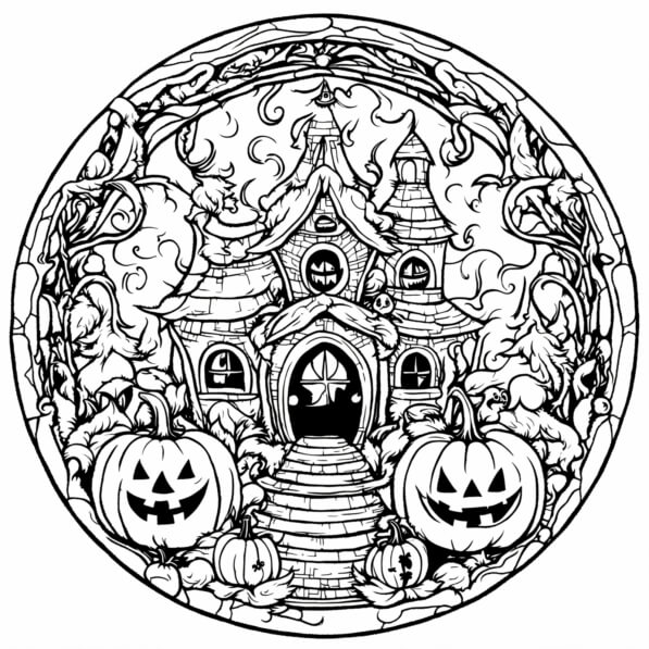 Download Whimsical Halloween Scene with a Spooky House and Pumpkins ...