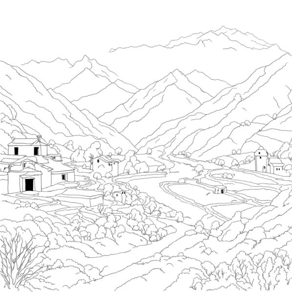 Download Scenic Mountain Valley with River and Houses Coloring pages ...