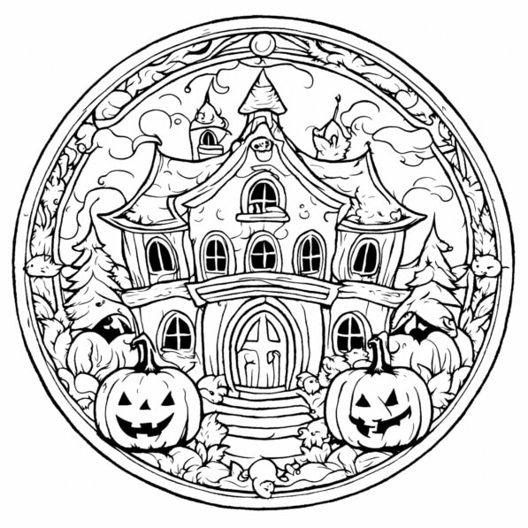 Download Halloween Scene with Haunted House and Pumpkins Coloring pages ...