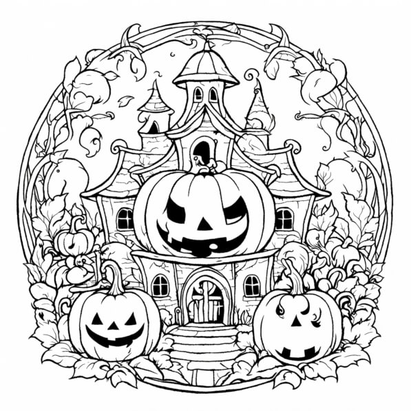 Download Halloween Haunted House with Pumpkins Coloring pages Online ...