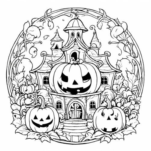 Download Halloween Scene with Haunted House and Pumpkins Coloring pages ...