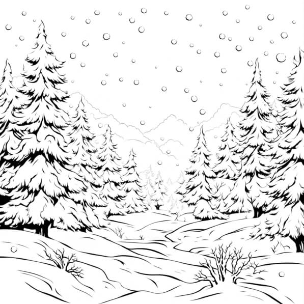 Download Winter Landscape with Snow-Covered Pine Trees Coloring pages ...