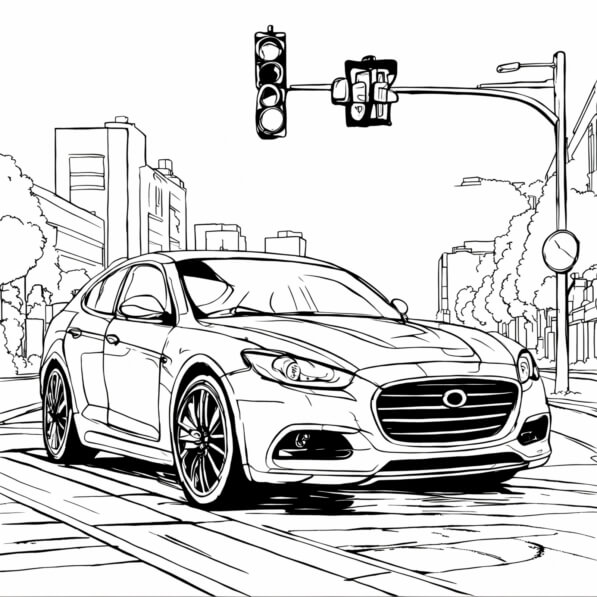 Download Sleek Car on City Street with Traffic Light Coloring pages ...