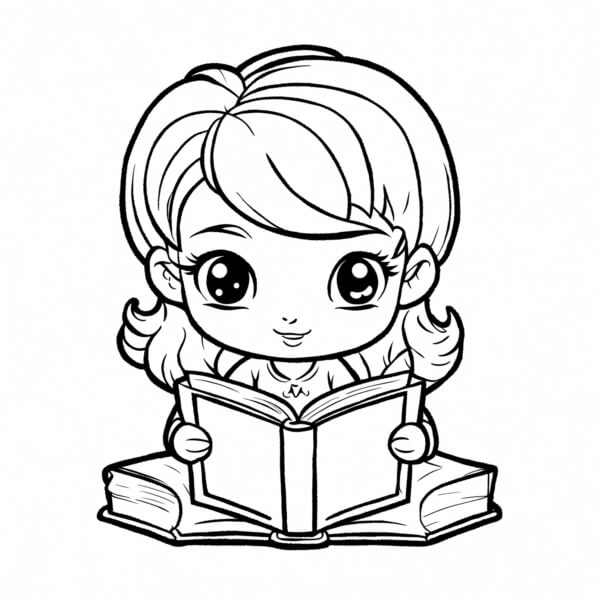 Download Cute Cartoon Girl Reading a Book Coloring pages Online ...